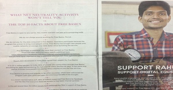 Facebook Takes On India’s Net Neutrality Activists With Full Page Ads ...