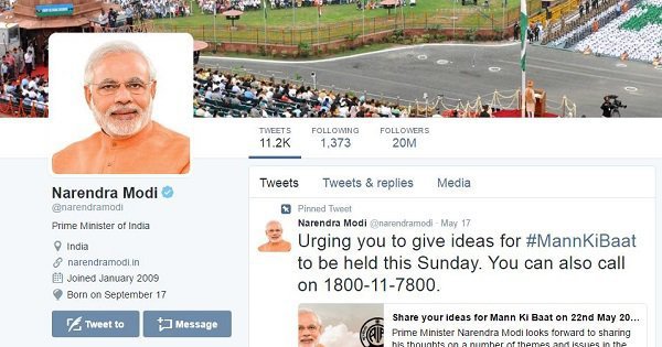 Prime Minister Narendra Modi Crosses 20 Million Followers on Twitter