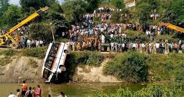 10 killed, six feared dead after bus tumbles down into pond in bihar